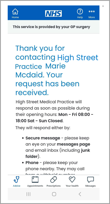 Contacting your practice via the NHS App – PATCHS Support