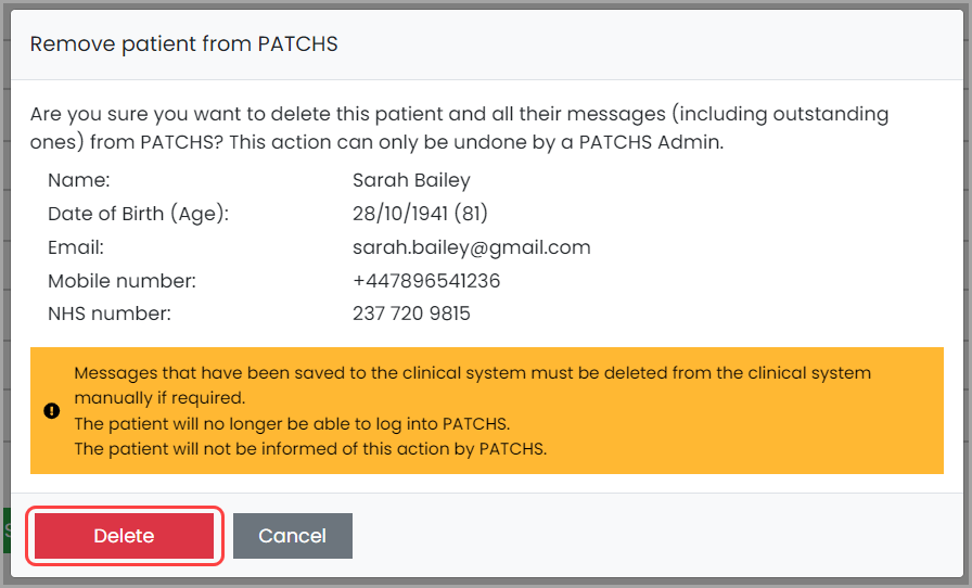 Patient and Request Removal – PATCHS Support
