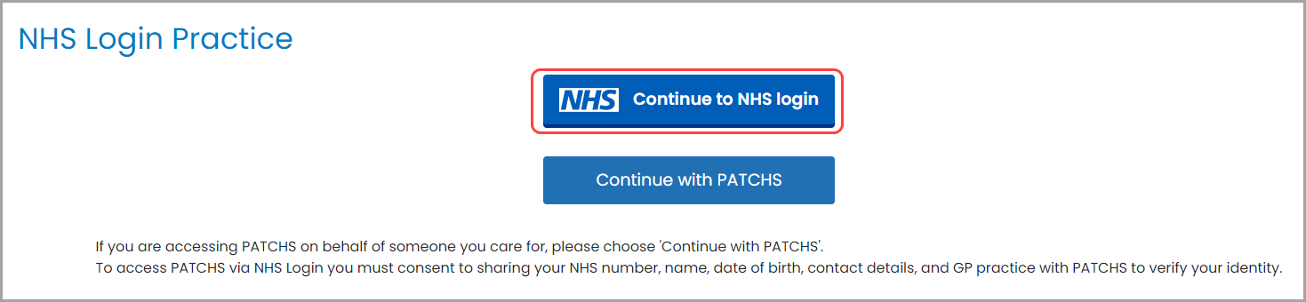 Logging into Patchs with NHS login – PATCHS Support