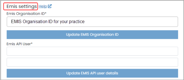 EMIS Settings for Partner Integration – PATCHS Support